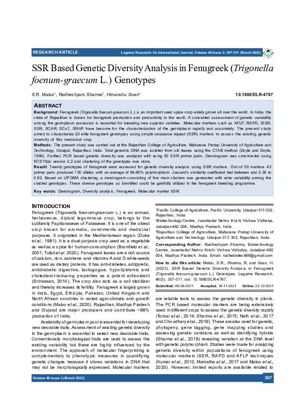 (PDF) SSR Based Genetic Diversity Analysis in Fenugreek (Trigonella foenum-graecum L.) Genotypes