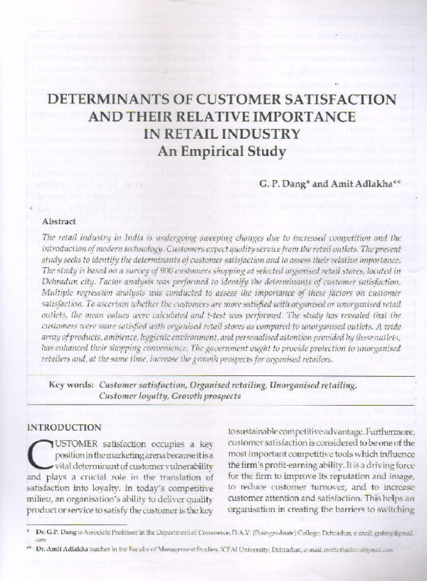 (PDF) (14) Determinants of Customer Satisfaction & Their Relative importance in retail Industry ...