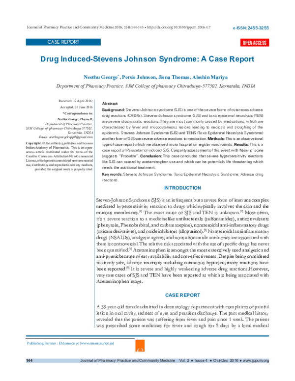 (PDF) Drug Induced-Stevens Johnson Syndrome: A Case Report | JISNA ...