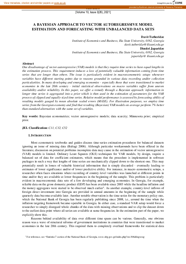 Pdf A Bayesian Approach To Vector Autoregressive Model Estimation And Forecasting With