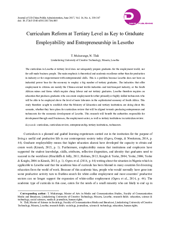 (PDF) Curriculum Reform at Tertiary Level as Key to Graduate ...