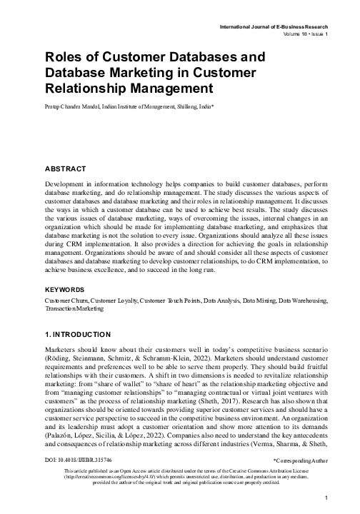 Pdf Roles Of Customer Databases And Database Marketing In Customer Relationship Management