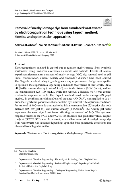 (PDF) Removal of methyl orange dye from simulated wastewater by electrocoagulation technique ...