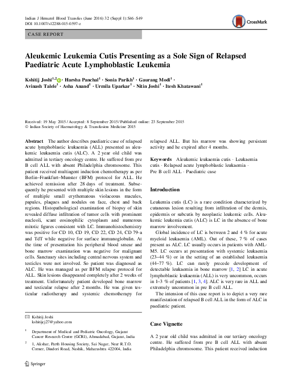 (PDF) Aleukemic Leukemia Cutis Presenting as a Sole Sign of Relapsed Paediatric Acute ...