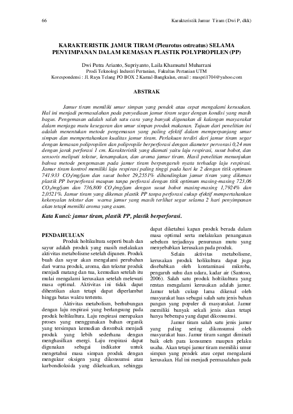 (PDF) KARAKTERISTIK JAMUR TIRAM (Pleurotus ostreatus) SELAMA PENYIMPANAN DALAM KEMASAN PLASTIK ...