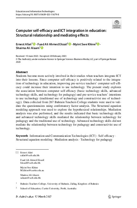 (PDF) Computer self-efficacy and ICT integration in education: Structural relationship and ...