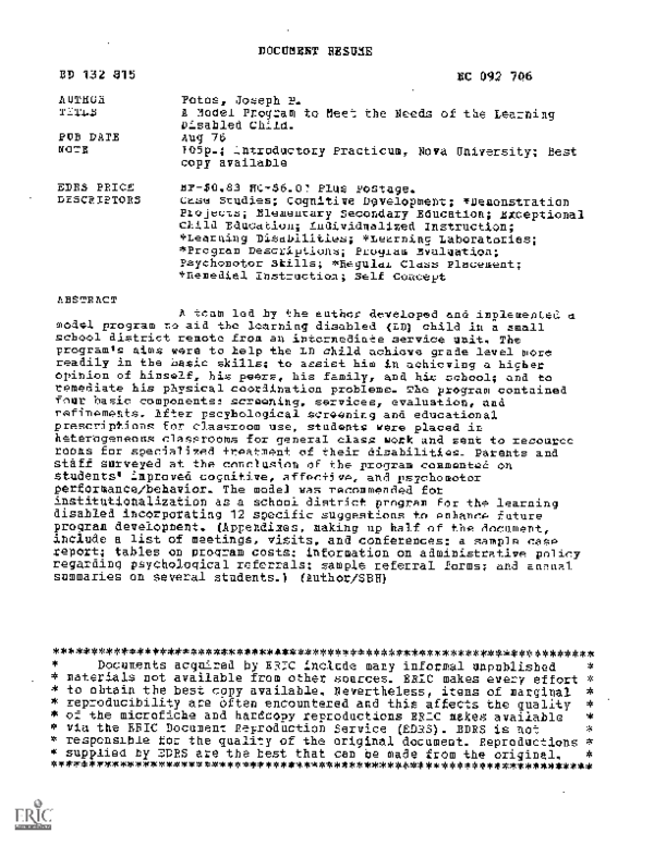 (PDF) A Model Program to Meet the Needs of the Learning Disabled Child