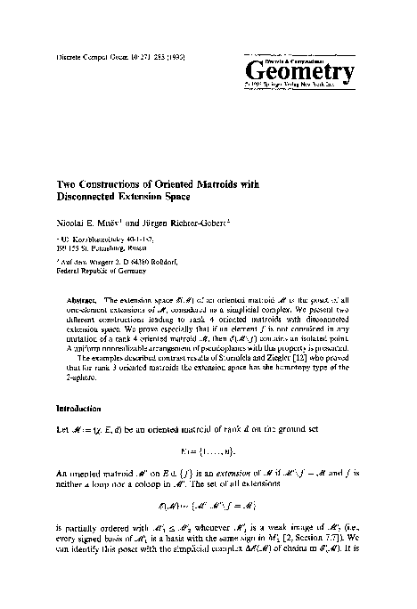 (PDF) Two constructions of oriented matroids with disconnected extension space