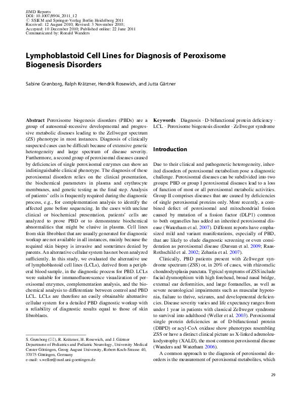 (PDF) Lymphoblastoid cell lines for diagnosis of peroxisome biogenesis ...