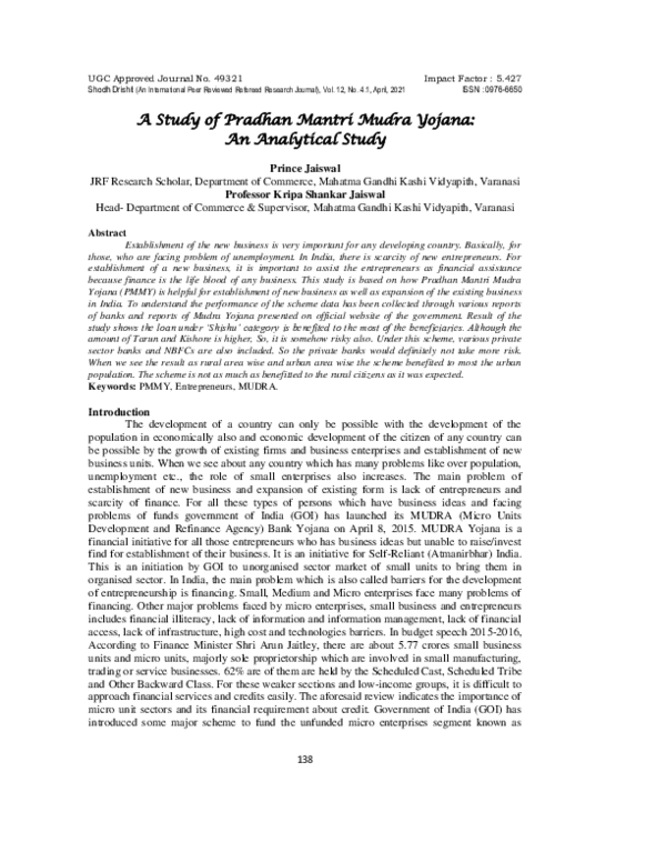 (PDF) A Study of Pradhan Mantri Mudra Yojana: An Analytical Study