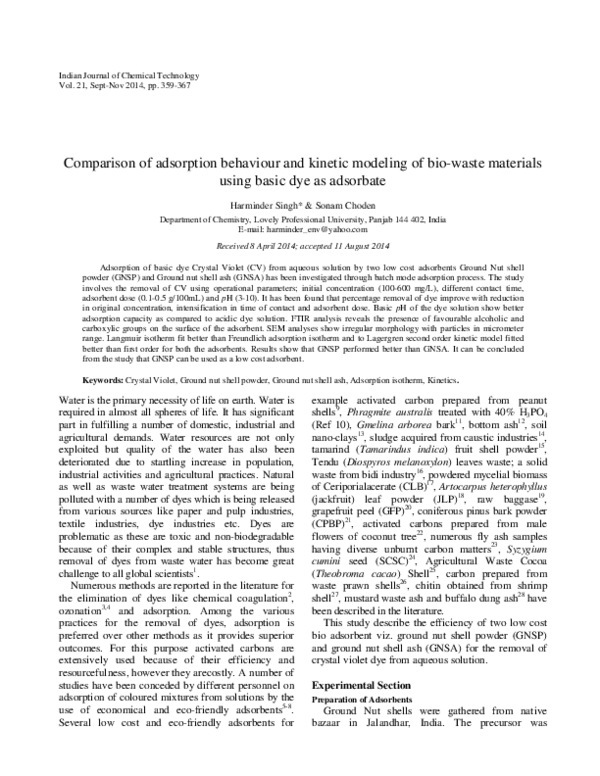 (PDF) Comparison of adsorption behaviour and kinetic modeling of bio-waste materials using basic ...