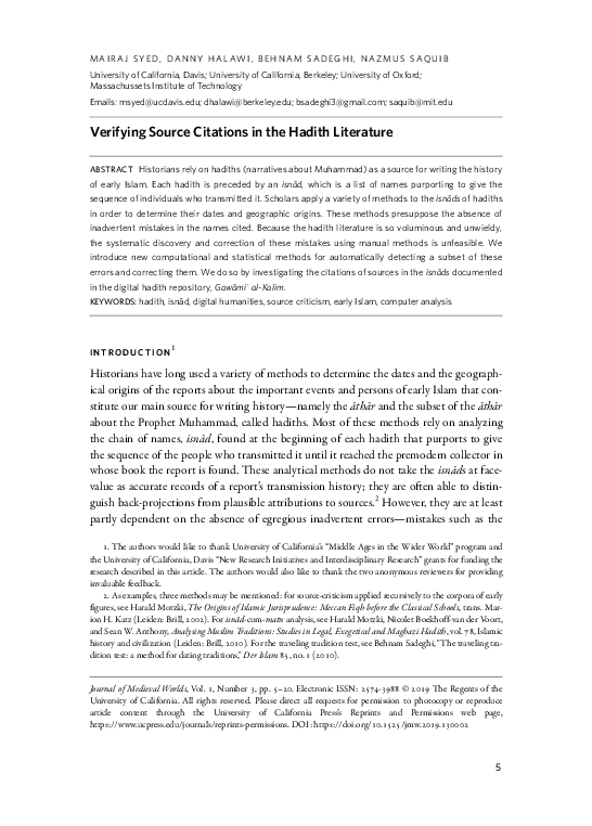 (PDF) Verifying Source Citations in the Hadith Literature