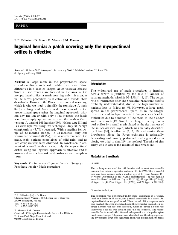 (PDF) Inguinal hernia: a patch covering only the myopectineal orifice ...