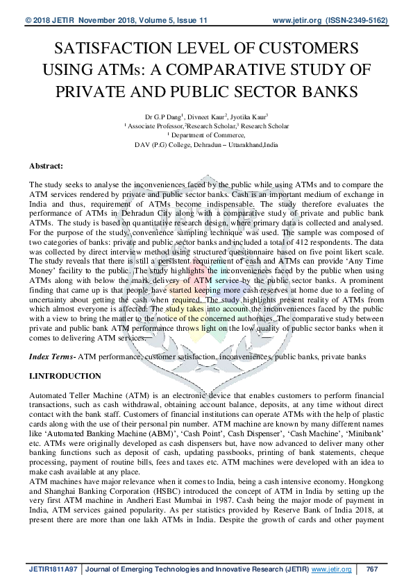 (PDF) SATISFACTION LEVEL OF CUSTOMERS USING ATMs: A COMPARATIVE STUDY OF PRIVATE AND PUBLIC ...