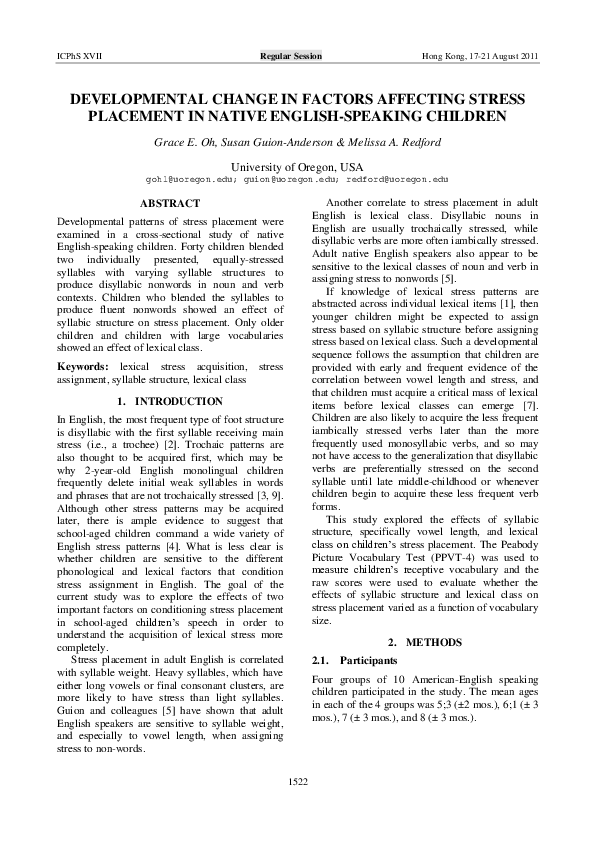(PDF) Developmental Change in Factors Affecting Stress Placement in Native English-Speaking ...