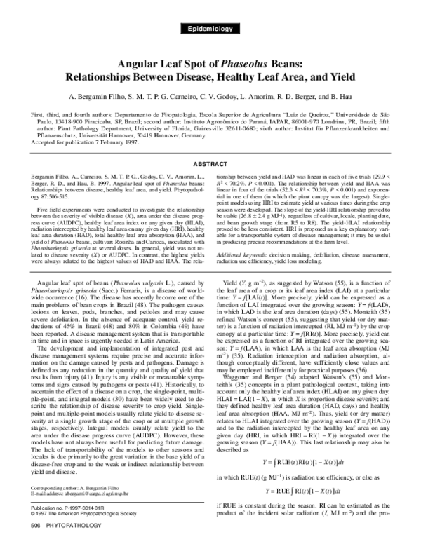(PDF) Angular Leaf Spot of Phaseolus Beans: Relationships Between Disease, Healthy Leaf Area ...