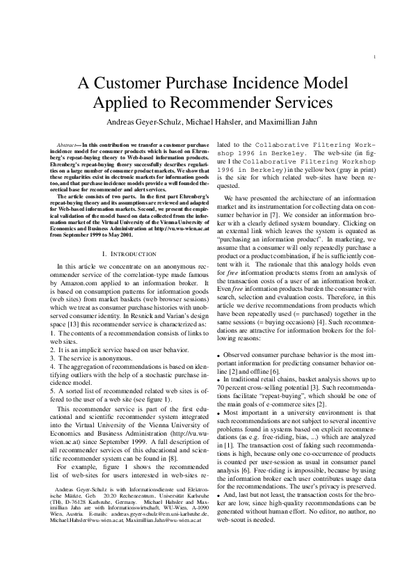 (PDF) A Customer Purchase Incidence Model Applied to Recommender Services