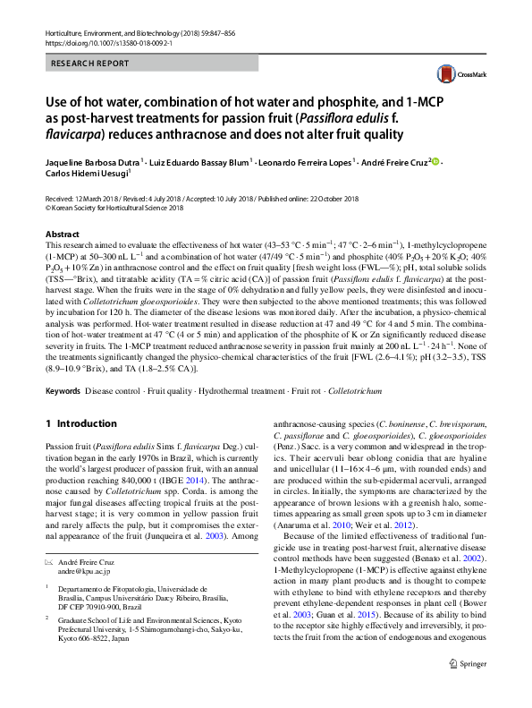 (PDF) Use of hot water, combination of hot water and phosphite, and 1-MCP as post-harvest ...