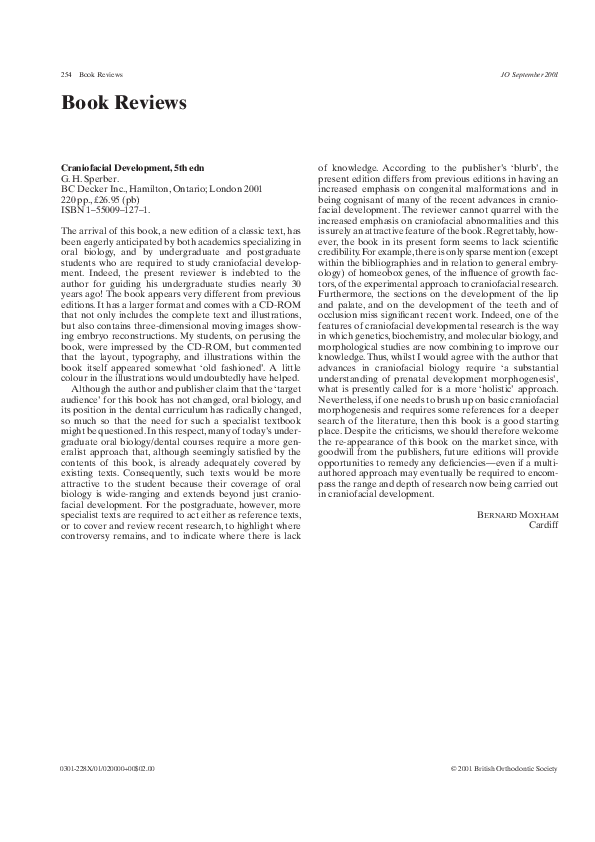 (PDF) Craniofacial Development, 5th edn: G. H. Sperber. BC Decker Inc ...