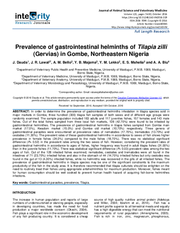 (PDF) Prevalence of gastrointestinal helminths of Tilapia zilli ...