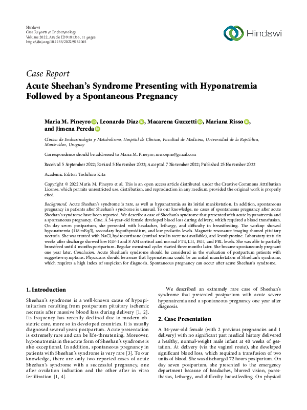 Acute Sheehan’s Syndrome Presenting with Hyponatremia Followed by a ...