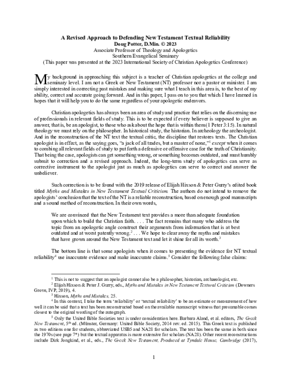 (PDF) A Revised Approach to Defending New Testament Textual Reliability
