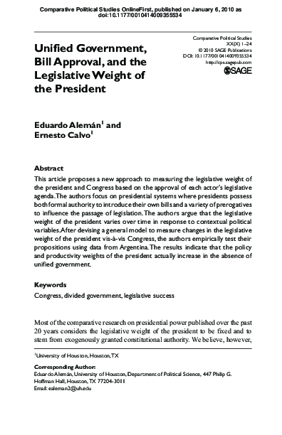 (PDF) Unified Government, Bill Approval, and the Legislative Weight of ...