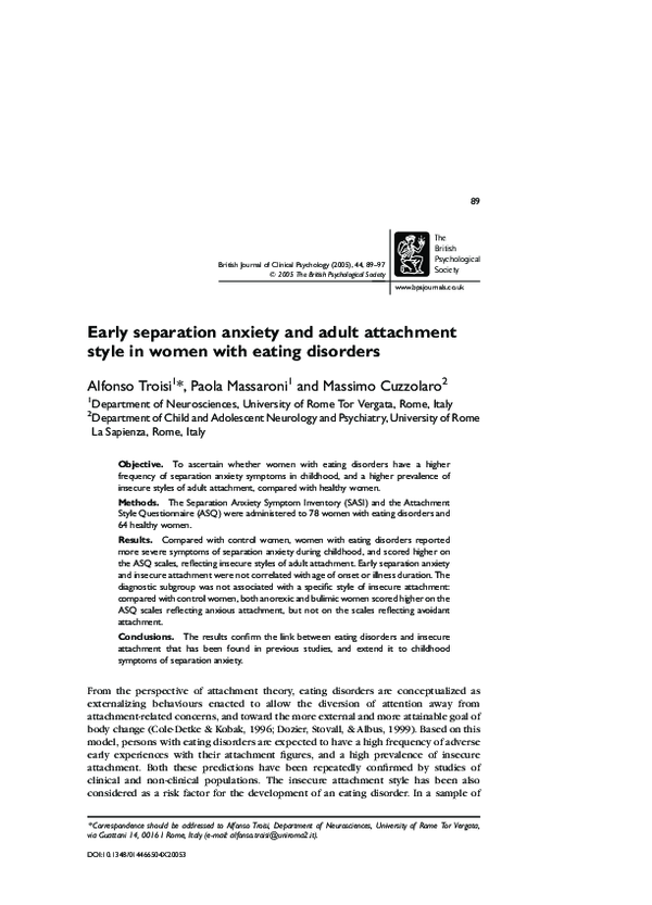 (PDF) Early separation anxiety and adult attachment style in women with eating disorders | Paola ...