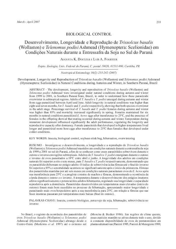 (PDF) Desenvolvimento, longevidade e reprodução de Trissolcus basalis ...