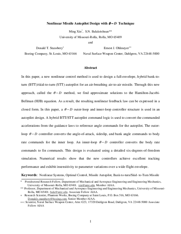 (PDF) Nonlinear Missile Autopilot Design with Theta-D Technique