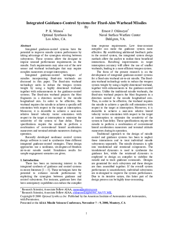 (PDF) Integrated Guidance-Control Systems for Fixed-Aim Warhead Missiles