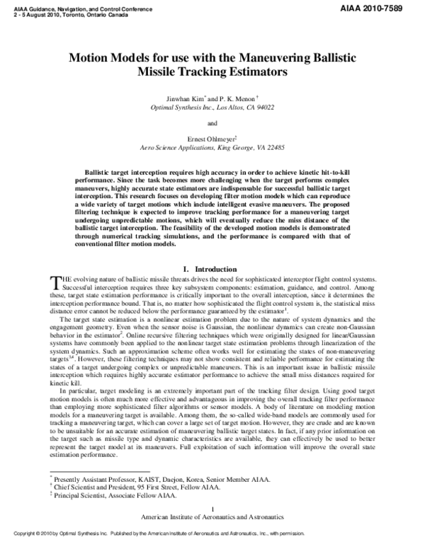 (PDF) Motion models for use with the maneuvering ballistic missile tracking estimators
