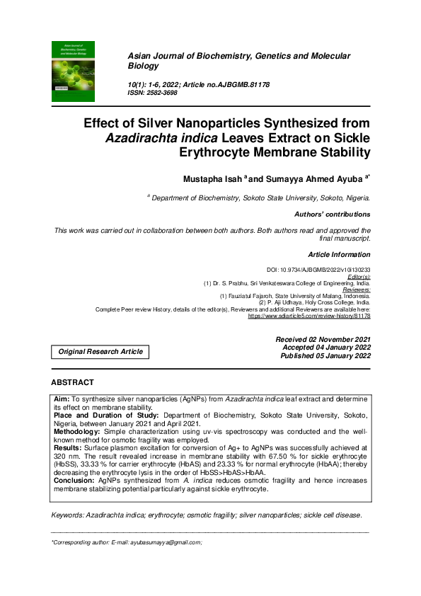 (PDF) Effect of Silver Nanoparticles Synthesized from Azadirachta indica Leaves Extract on ...