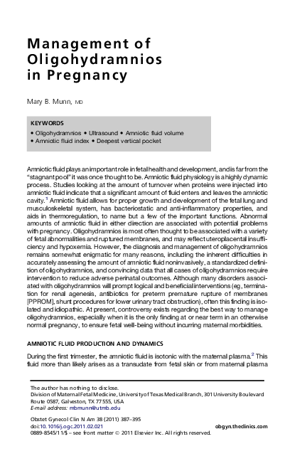 (PDF) Management of Oligohydramnios in Pregnancy | Mary Munn - Academia.edu