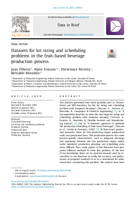Pdf Datasets For Lot Sizing And Scheduling Problems In The Fruit