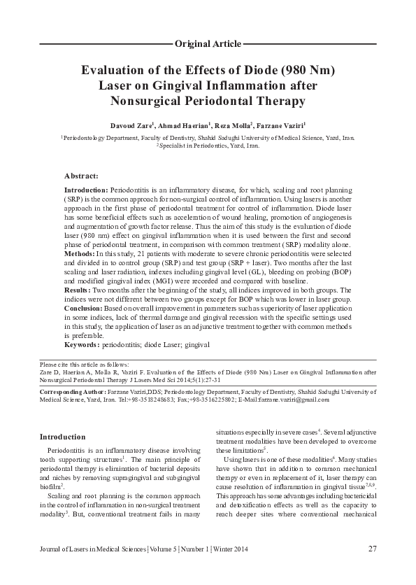 (PDF) Evaluation of the effects of diode (980 nm) laser on gingival inflammation after ...