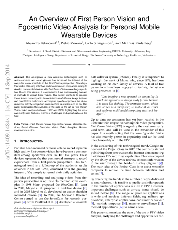(PDF) An Overview of First Person Vision and Egocentric Video Analysis ...