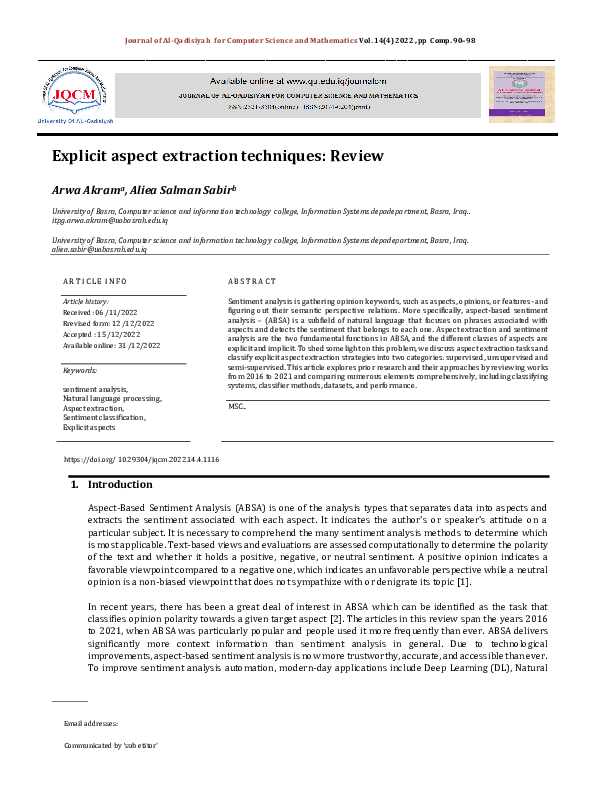 Pdf Explicit Aspect Extraction Techniques Review