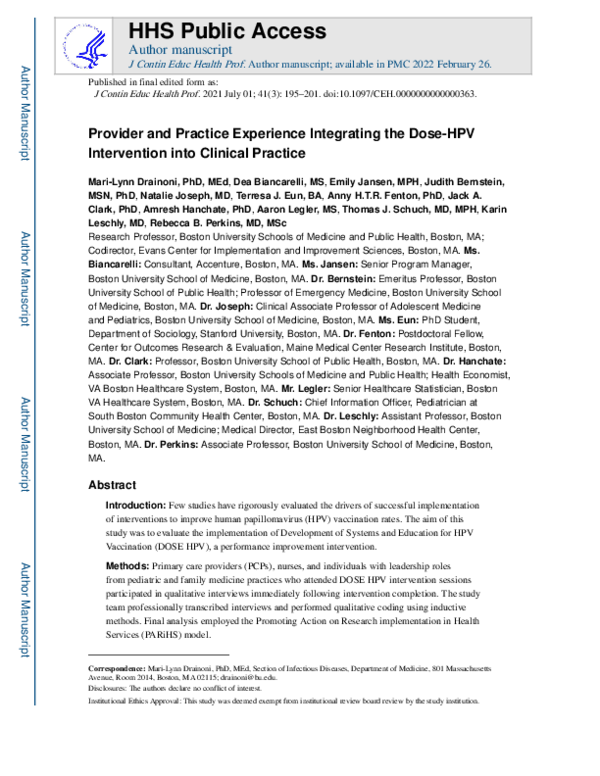 (PDF) Provider and Practice Experience Integrating the Dose-HPV ...
