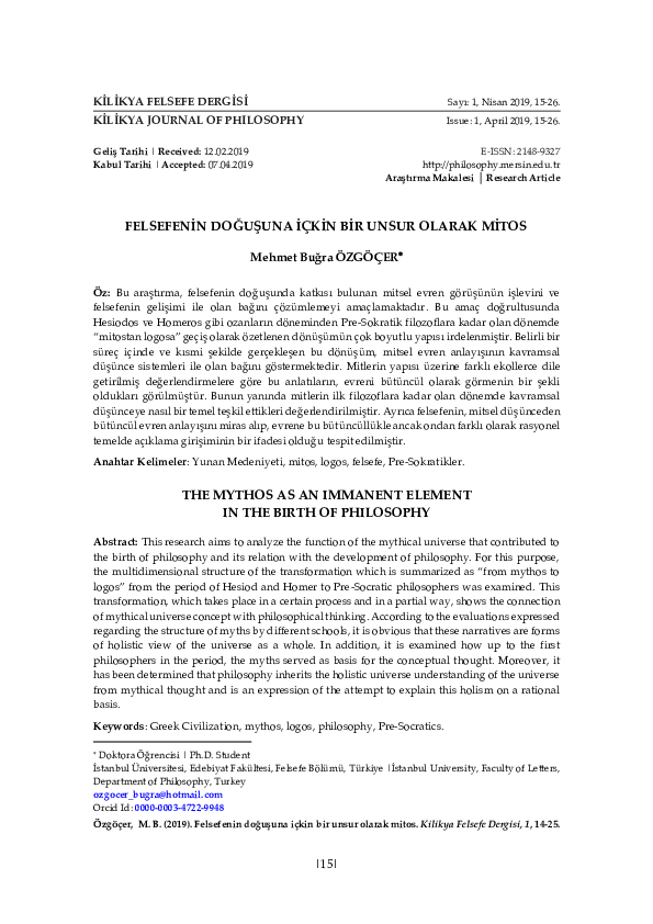 (PDF) FELSEFENİN DOĞUŞUNA İÇKİN BİR UNSUR OLARAK MİTOS