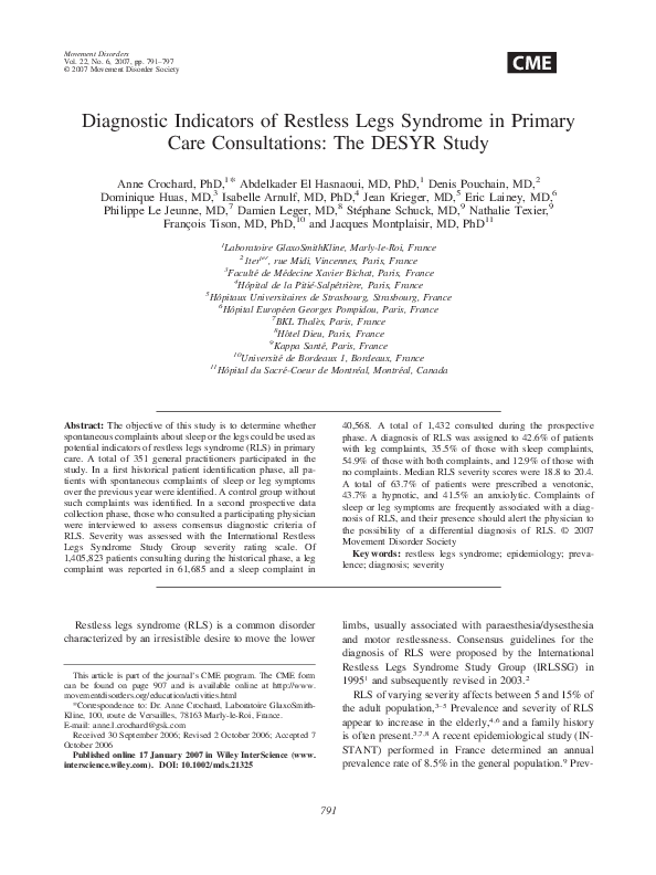 (PDF) Diagnostic indicators of restless legs syndrome in primary care ...