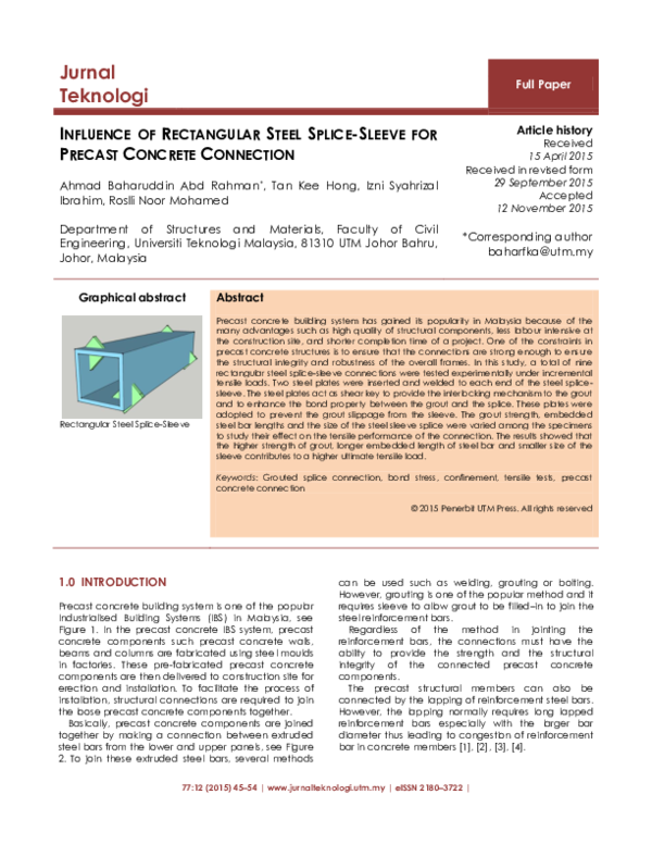 (PDF) Influence of Rectangular Steel Splice-Sleeve for Precast Concrete ...