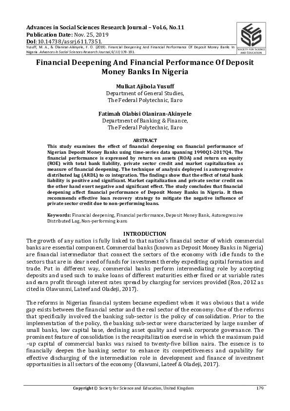 (PDF) Financial Deepening And Financial Performance Of Deposit Money ...