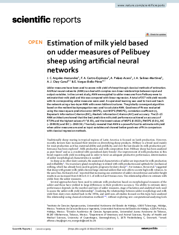 (PDF) Estimation of milk yield based on udder measures of Pelibuey sheep using artificial neural ...