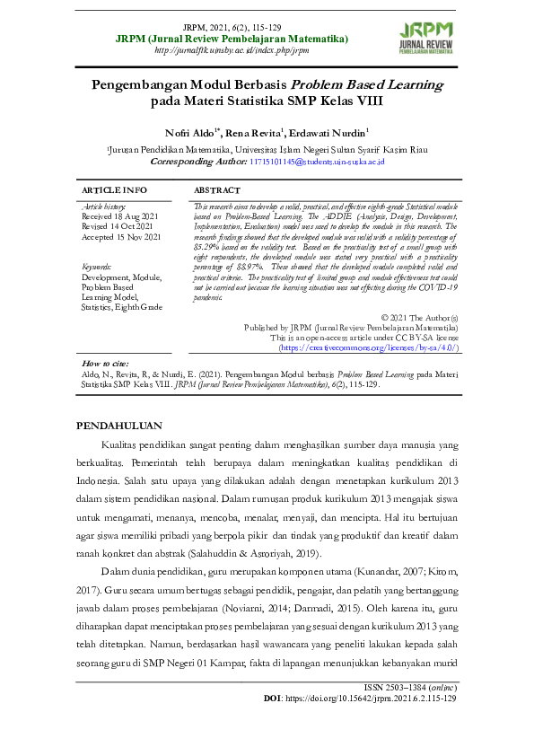 (PDF) Pengembangan Modul Berbasis Problem Based Learning pada Materi Statistika SMP Kelas VIII