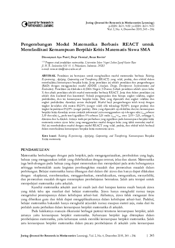 (PDF) Pengembangan Modul Matematika berbasis REACT untuk Memfasilitasi Kemampuan Berpikir Kritis ...