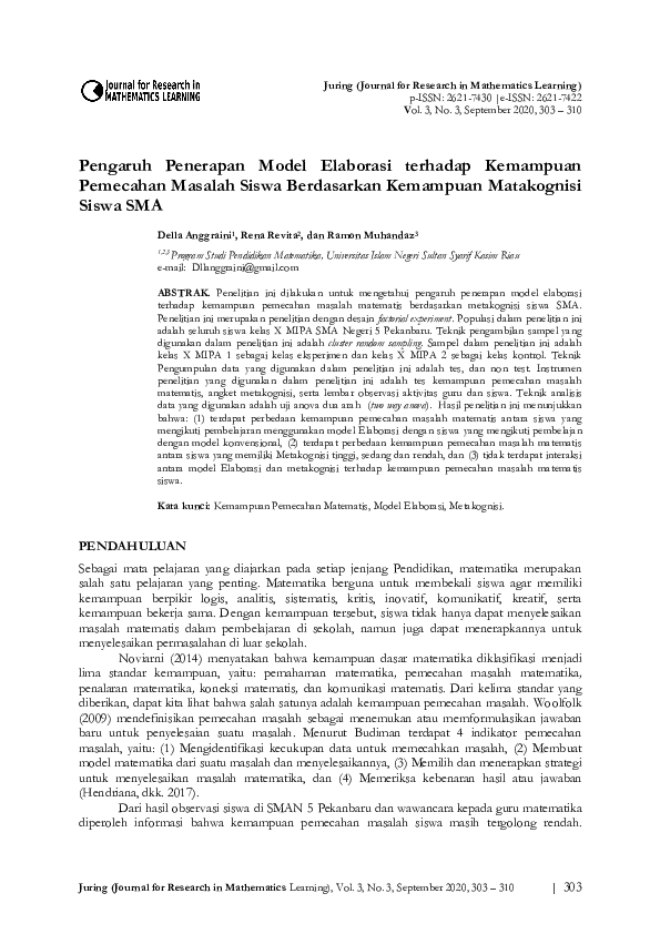 (PDF) Pengaruh Penerapan Model Elaborasi terhadap Kemampuan Pemecahan Masalah Siswa Berdasarkan ...
