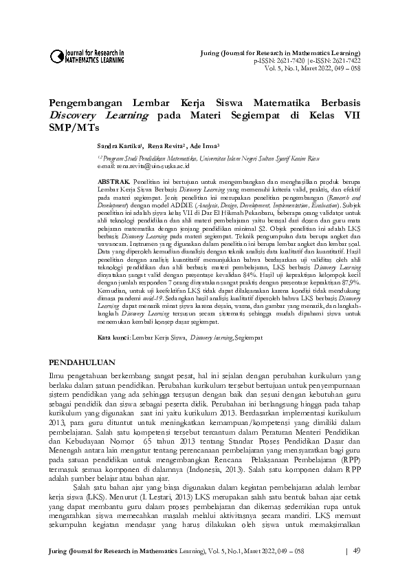 (PDF) Pengembangan Lembar Kerja Siswa Matematika Berbasis Discovery Learning pada Materi ...
