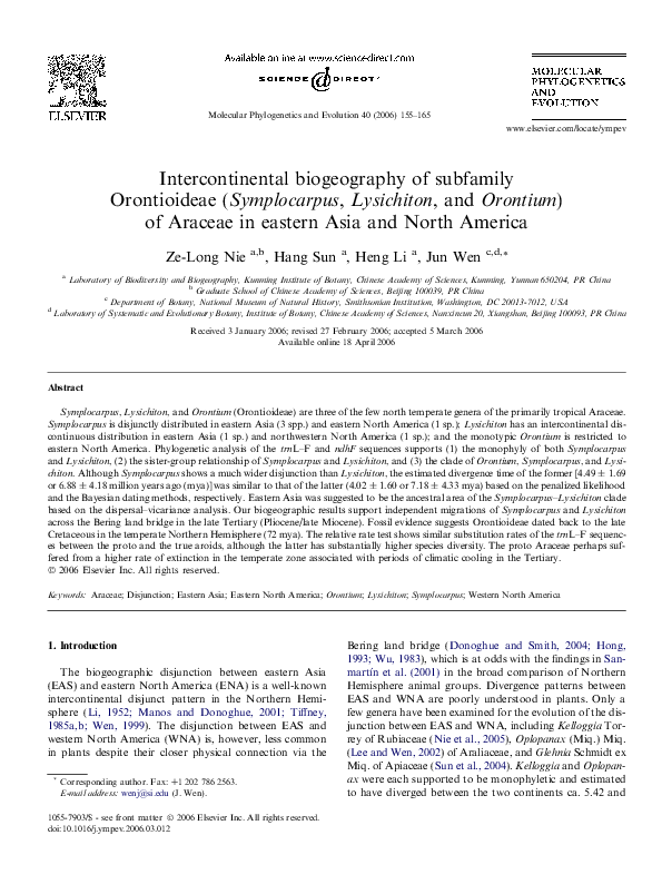 (PDF) Intercontinental biogeography of subfamily Orontioideae ...