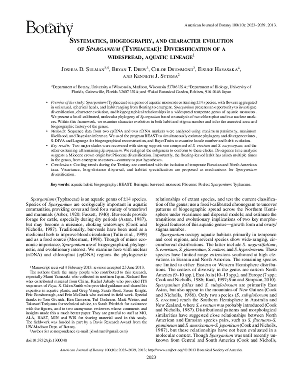 (PDF) Systematics, biogeography, and character evolution ofSparganium ...